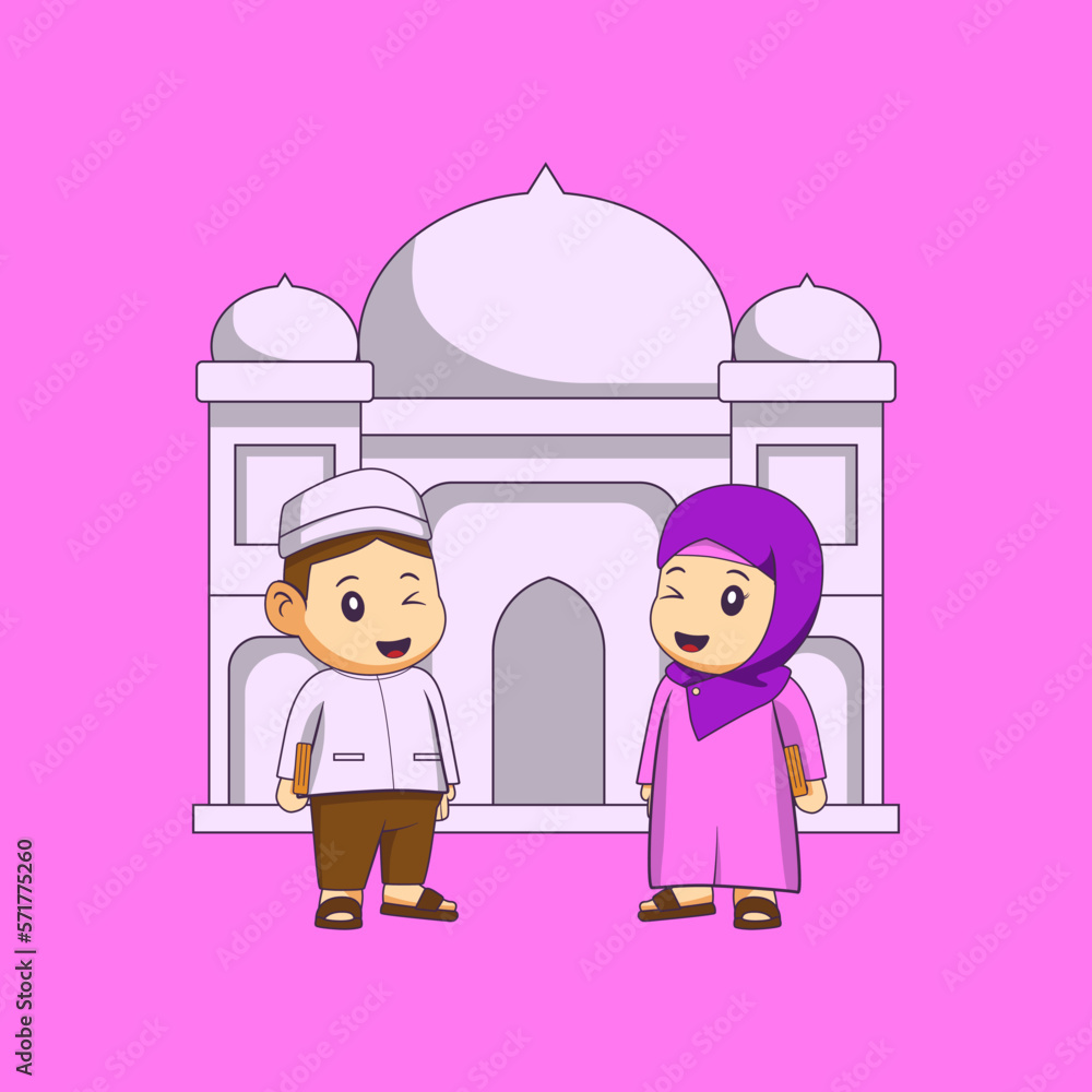 cute cartoons of moslem boy and girl characters with mosque backgrounds ...