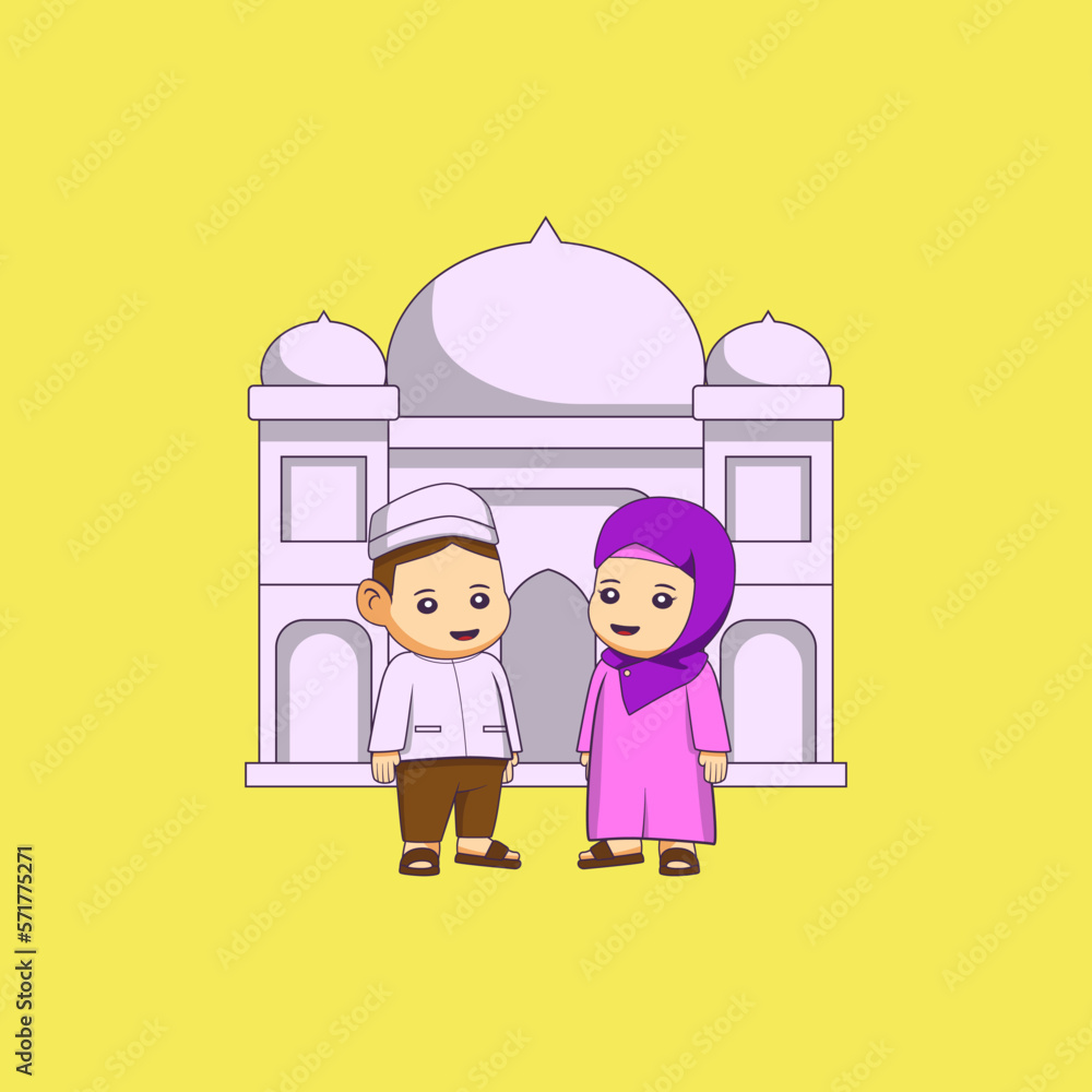 cute cartoons of moslem boy and girl characters with mosque backgrounds ...