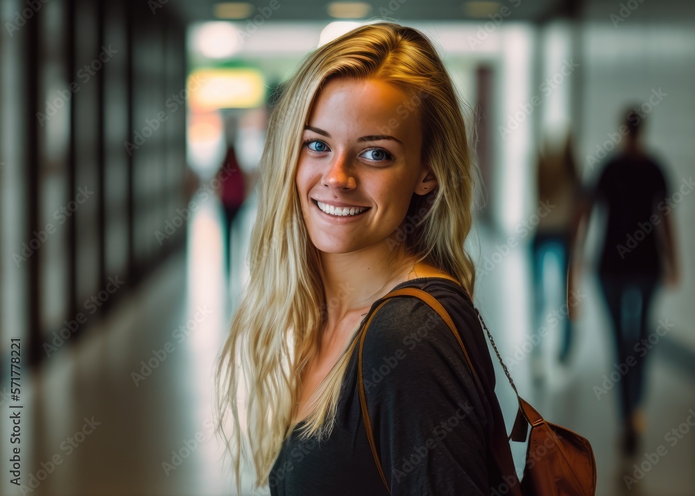 Smiling blonde college student looking at the camera at the University ...