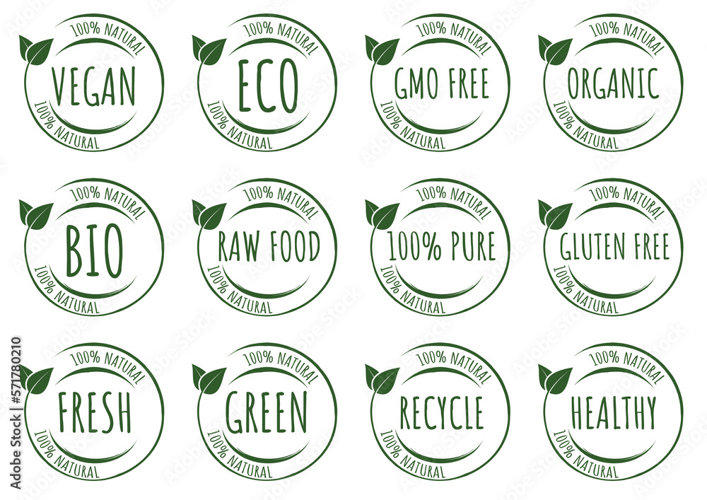 set of organic food labels Eco labels icon Natural ecology green ...