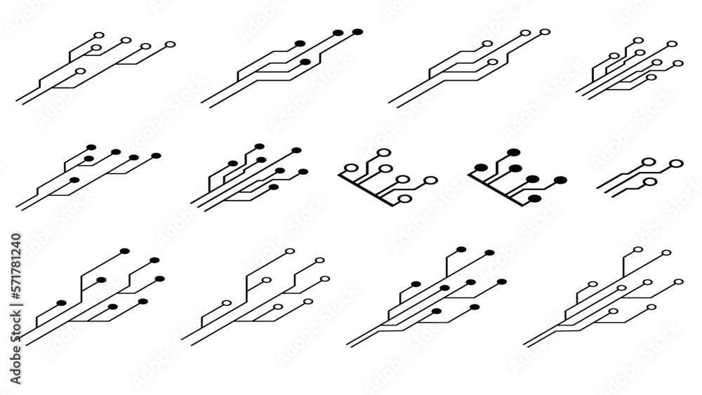 Isometric set of printed circuit board PCB tracks silhouettes isolated ...