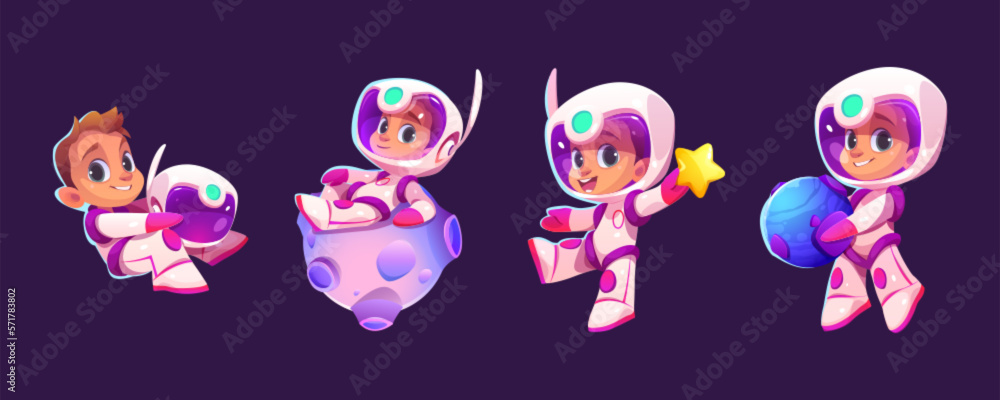 Cartoon vector illustration set of kid astronaut in space. Isolated ...