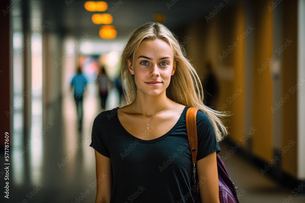 Smiling blonde college student looking at the camera at the University ...