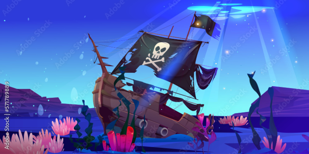Underwater game scene with pirate ship crash and beam light. Vector ...