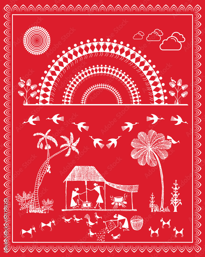 Indian rural life in art painting. Warli painting showing Tribal ...