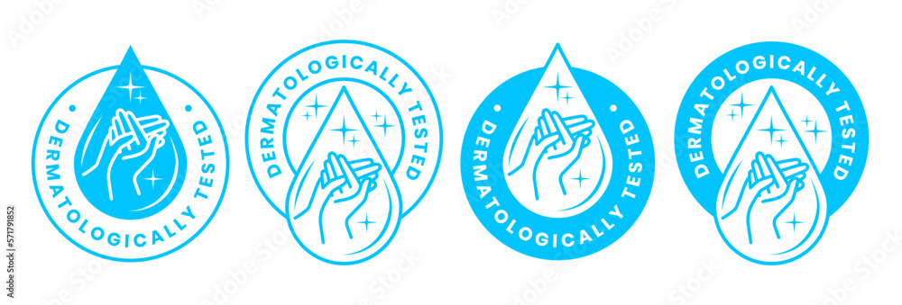 Set dermatologically tested vector label with water drop, leaf and hand ...