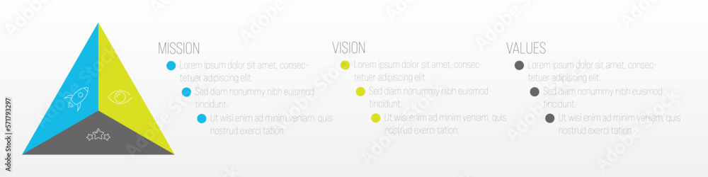 Mission, vision and values. Triangle divided to three parts in the ...