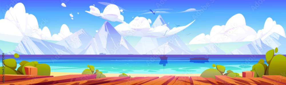 Boardwalk or pier on lake shore with mountains on horizon. Wooden dock ...