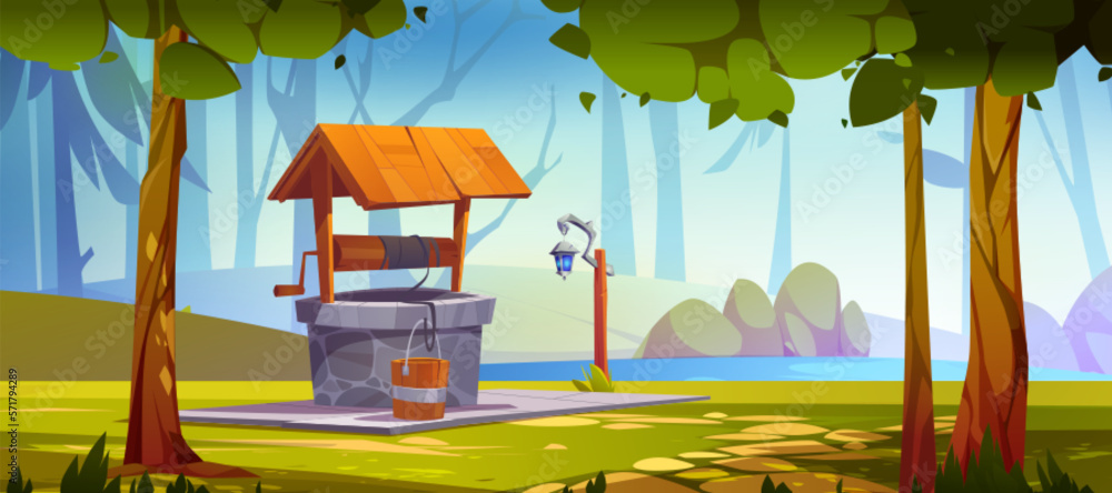 Forest landscape with water well with bucket, bushes, trees and lake ...