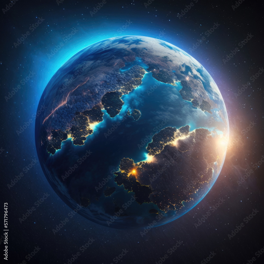 Aerial view of Earth globe, blue planet from space, Sunrise over city ...