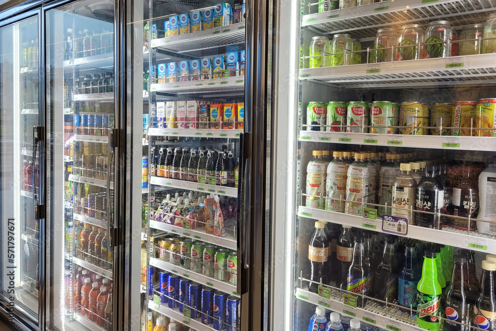 PENANG, MALAYSIA - 15 FEB 2023: Huge fridge with various choice ...