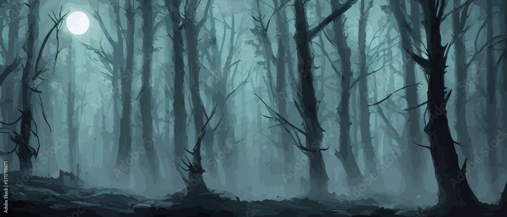 misty forest. Dark tree silhouette. Tree tricks in the blue mist. Fog ...