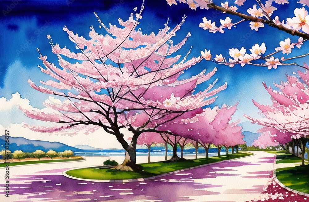 Sakura. Cherry blossoms in spring, Japan. Ai generated watercolor ...