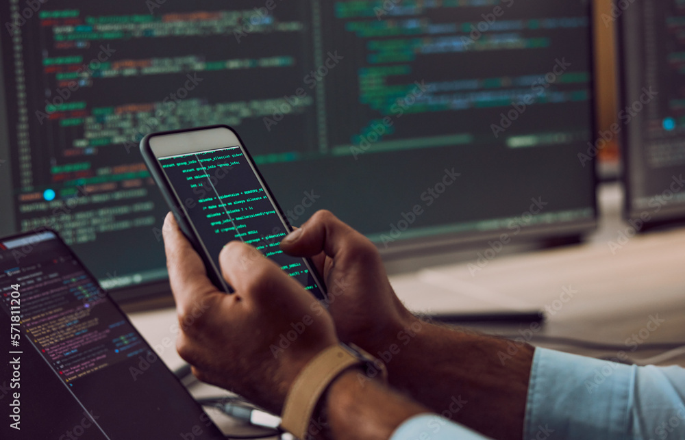 Phone in hands, code and man coding, programmer and software update ...