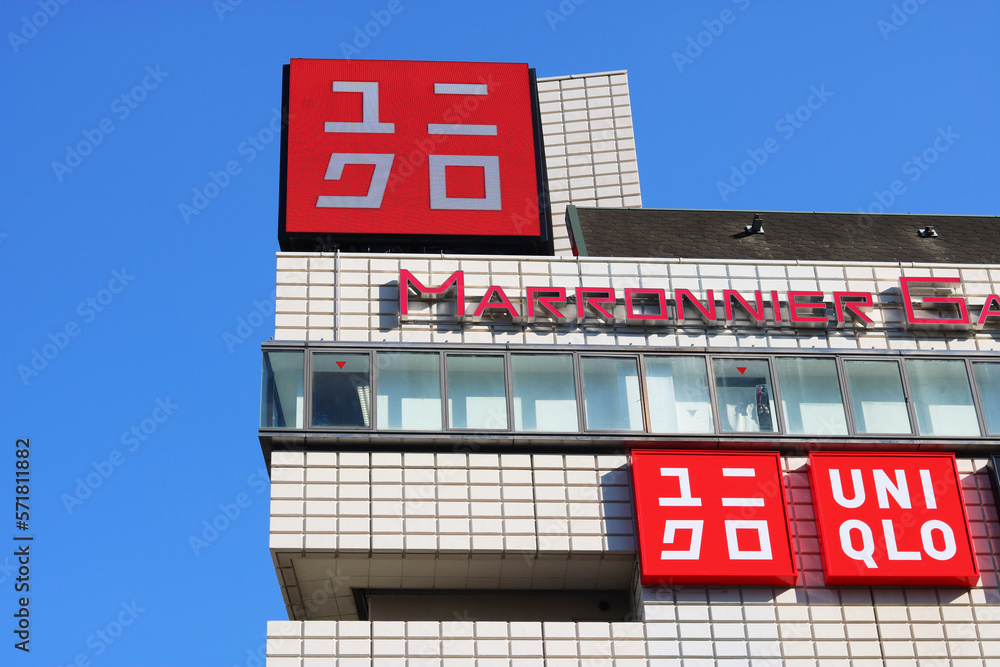 TOKYO, JAPAN - September 30, 2020: Uniqlo signs on Marronnier Gate in ...