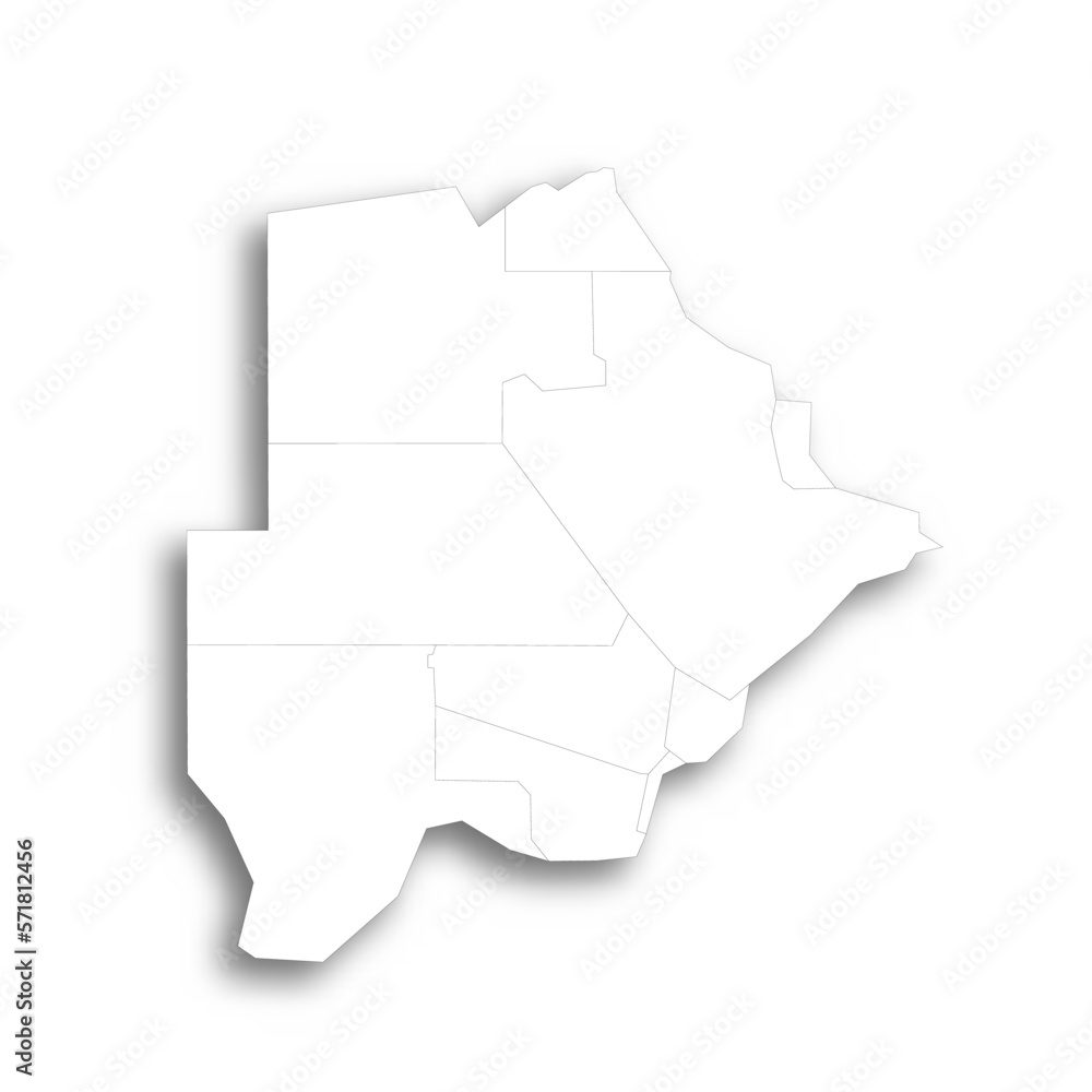 Botswana political map of administrative divisions - rural and urban districts. Flat white blank ...
