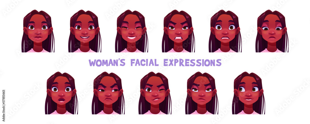 Girl character avatar, woman face with different emotions. Young ...