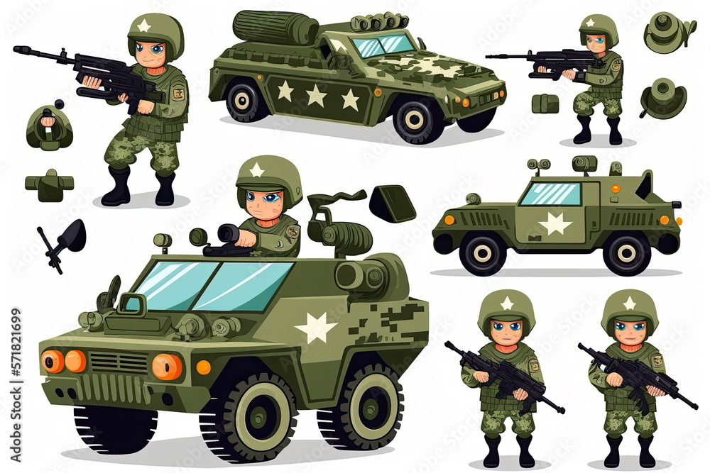 set of army action,cartoon soldier, white background, Made by AI ...