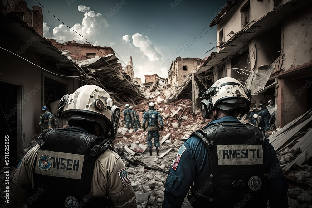 Rescuers in uniform and helmets dismantle the rubble of houses after ...