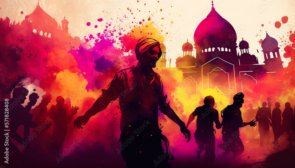 Holi party crowd background, People covered with colored powder rejoice ...