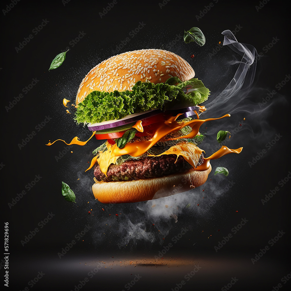 Jumping Burger ads, delicious and attractive hamburger with refreshing ...