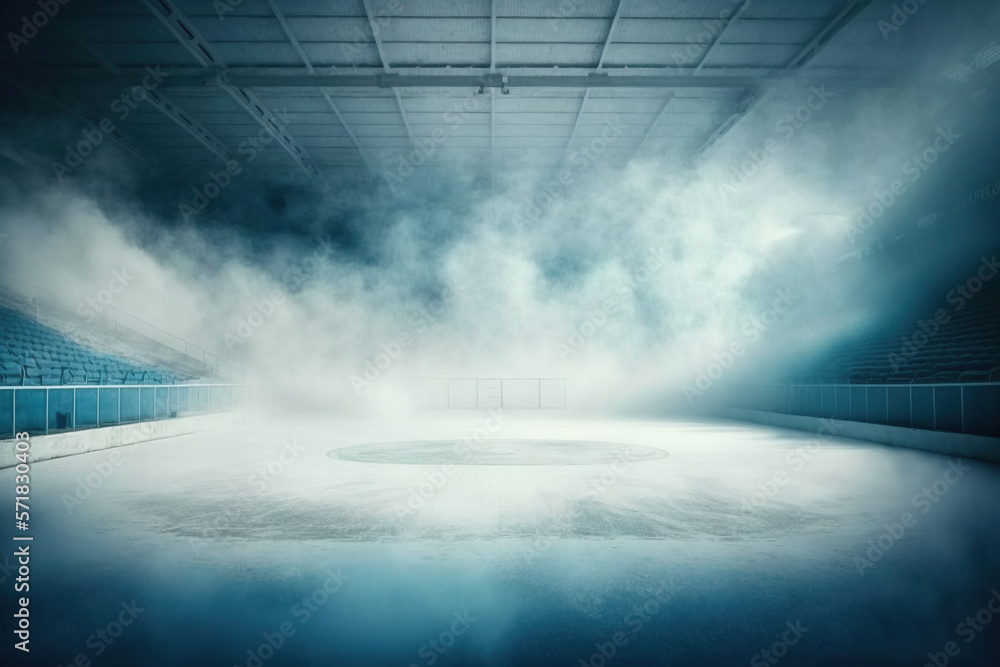 Indoor ice rink with fog and steam empty with no players and arena for ...