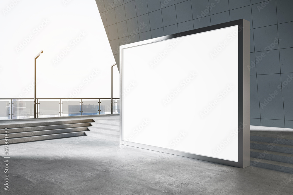 Perspective view on big blank white illuminated advertising signboard ...