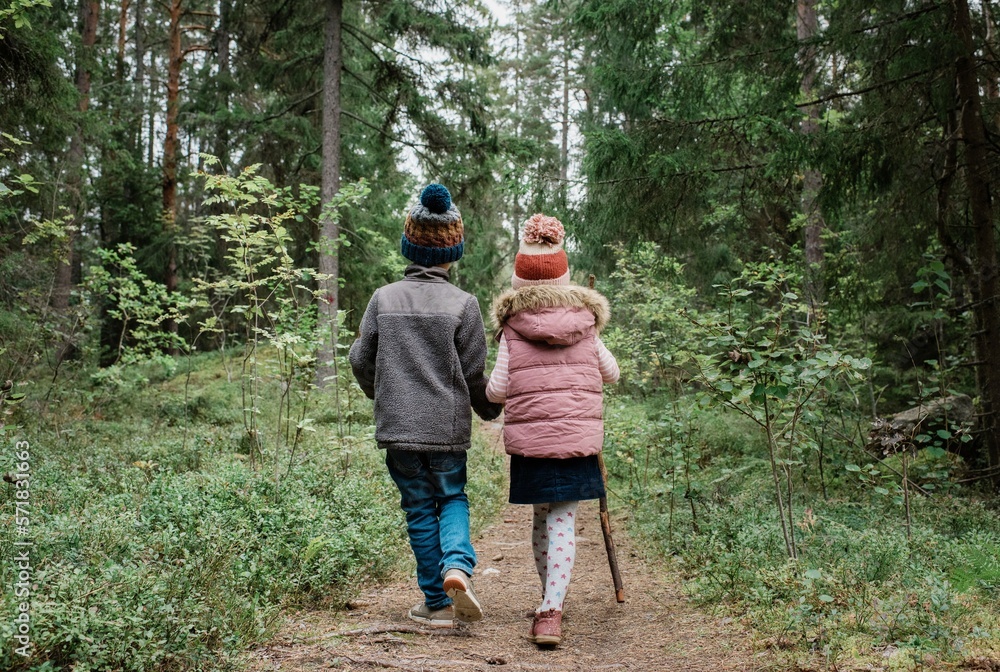 brother and sister holding hands walking through the forest in fall ...