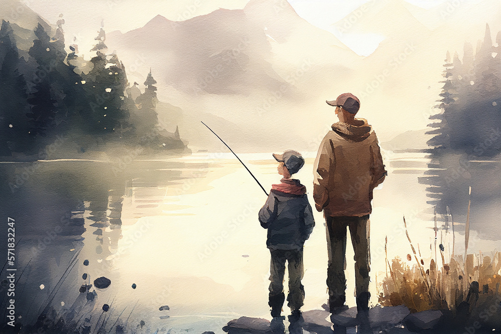 Father and son fishing together on lake - watercolor painting created ...