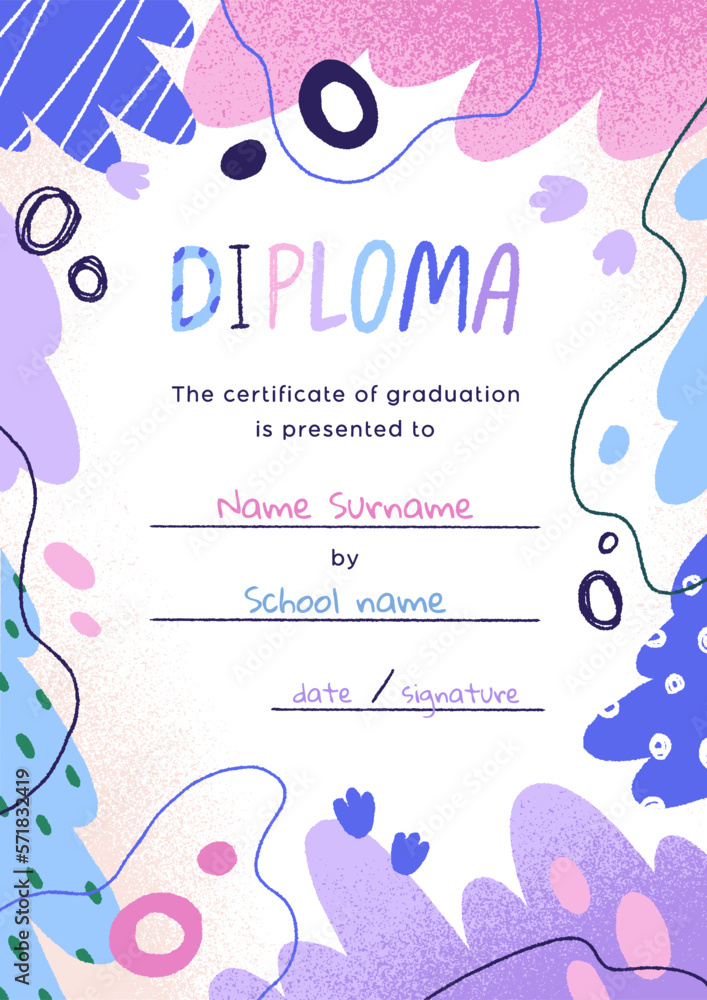 Kids graduation diploma design. Childrens vertical certificate template ...