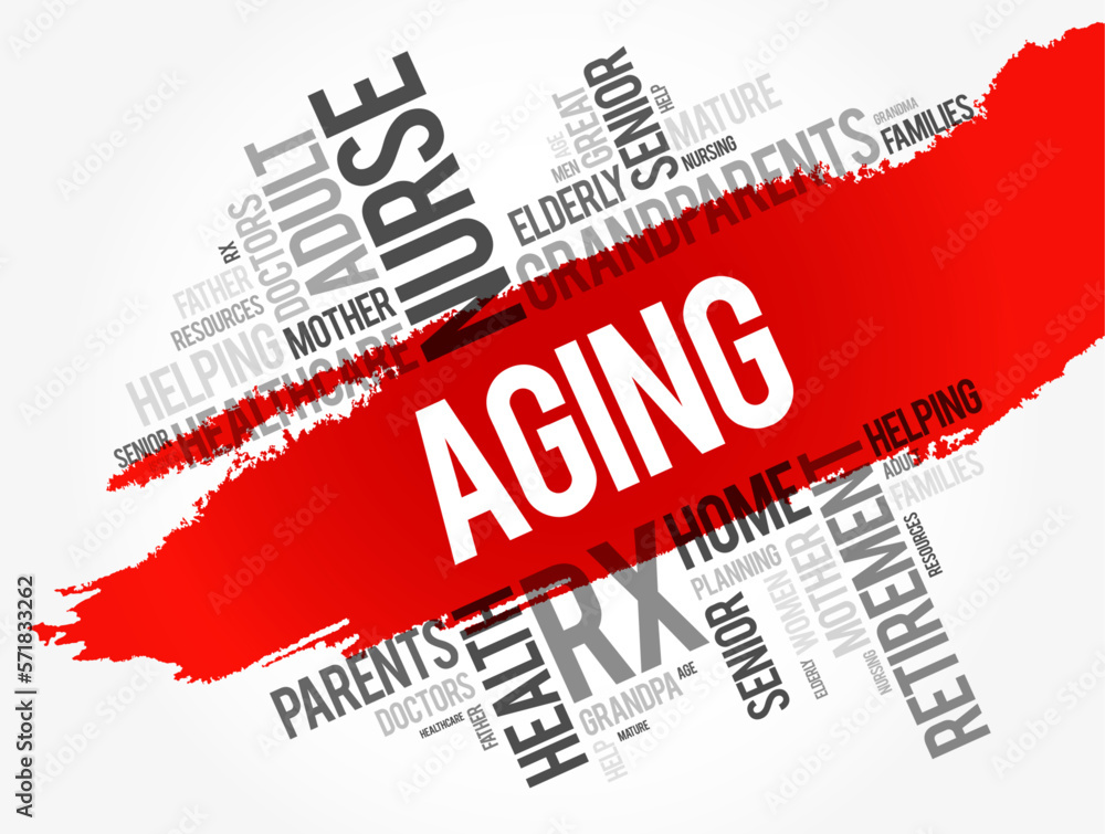 Aging is the process of becoming older, word cloud concept background ...