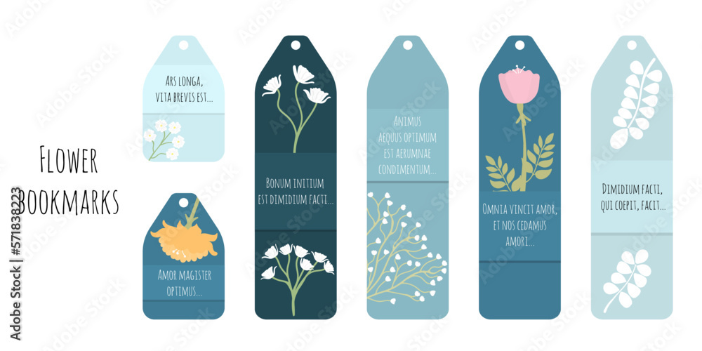 Set of 6 bookmarks in blue colors, decorative plants and latin quotes ...