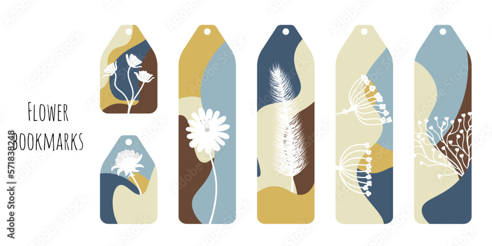 Set of 6 bookmarks with colored waves and white flowers. Elegant colors ...