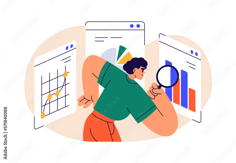 Business data research, analysis concept. Person with magnifying glass ...