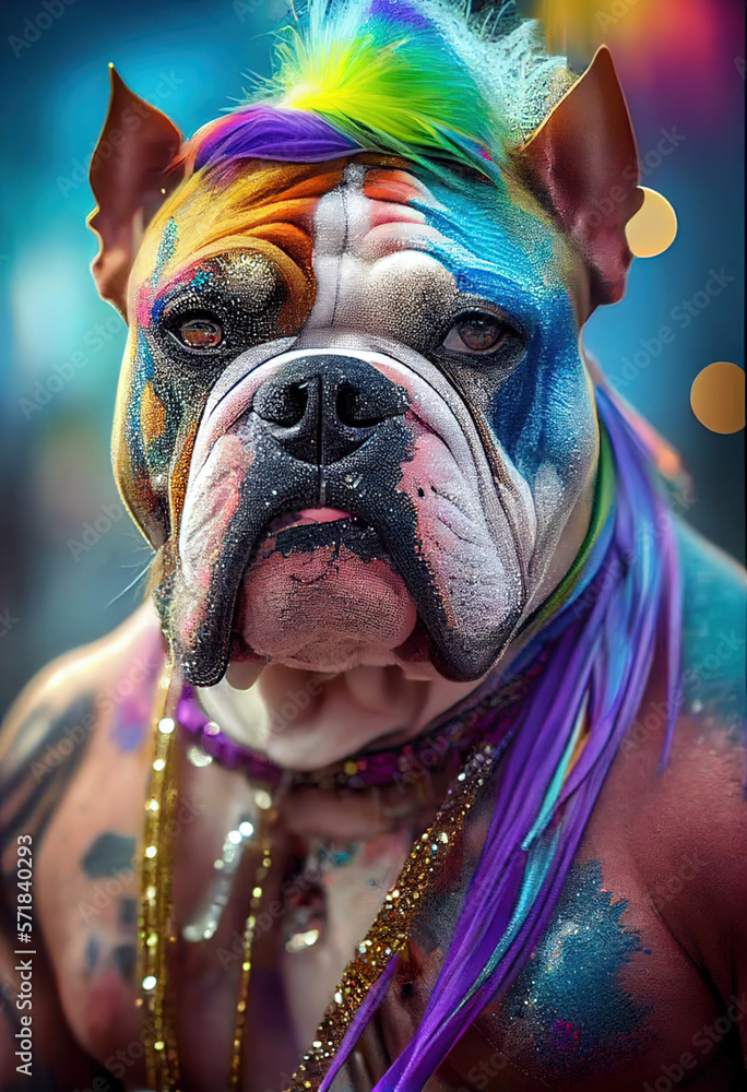 Portrait of a happy french bulldog dressed as Carnival with makeup wig ...