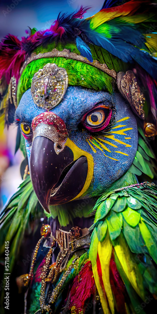 Portrait of a flamboyant parrot dressed as Carnival with makeup, wig ...