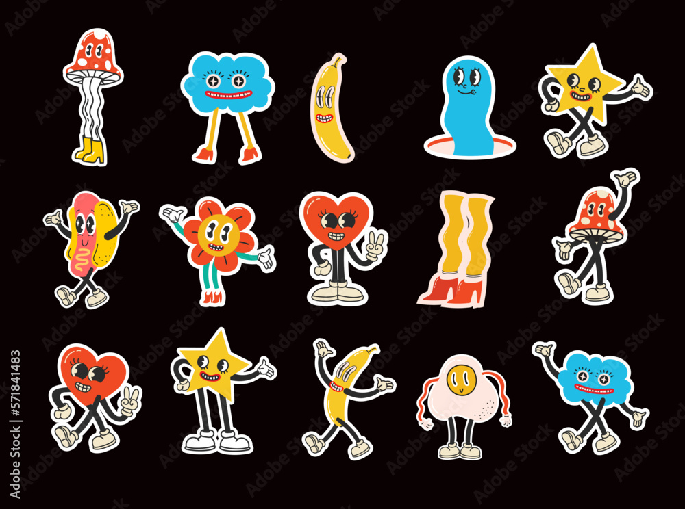 Groovy hippie love sticker character. Comic happy mushroom, hot dog and ...
