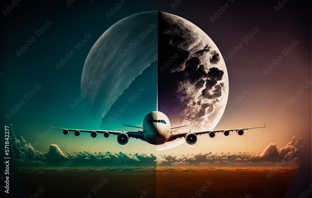 A spectacular photo with a plane in flight, the moon and a night sky ...