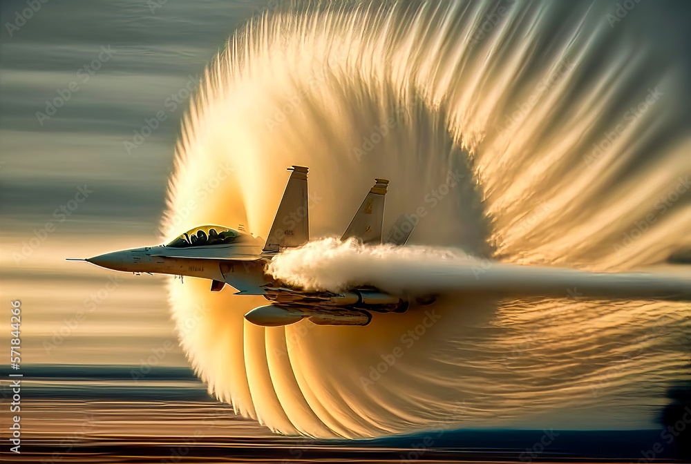 Imagery of a fighter plane flying over the sound barrier. A striking ...
