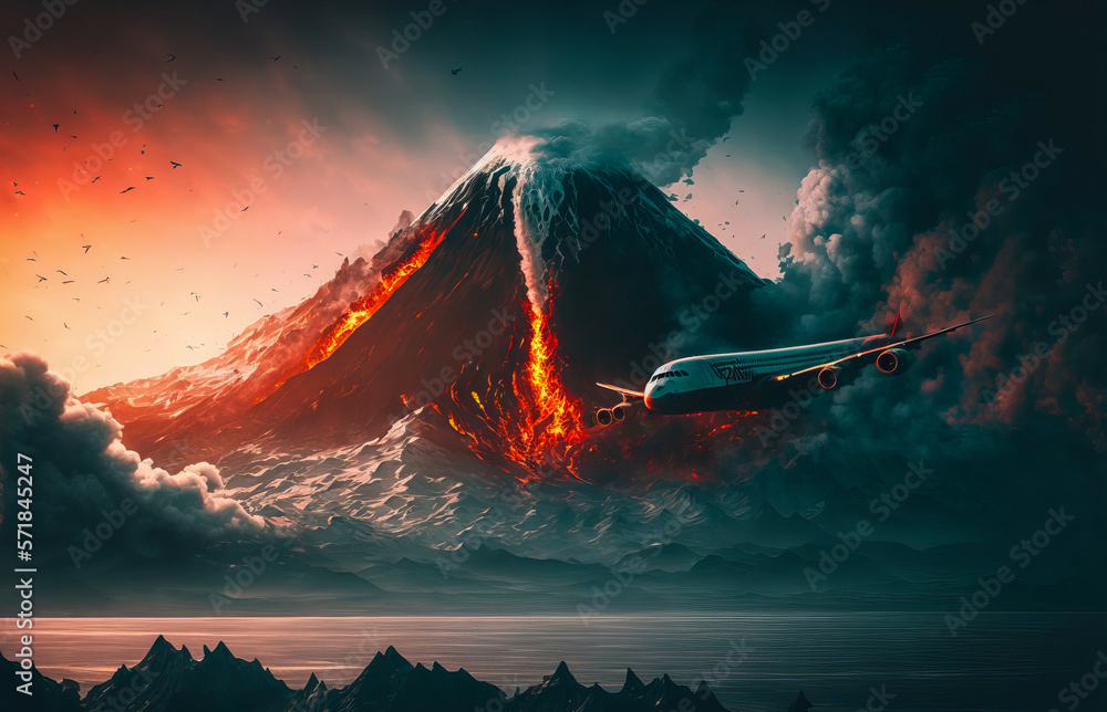 An airliner flies over an active volcano erupting and disrupting air ...