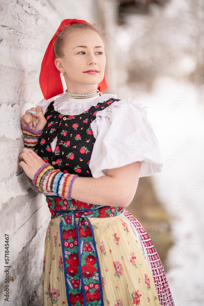 slovak folk costume. Young beautiful slovak woman in traditional dress ...