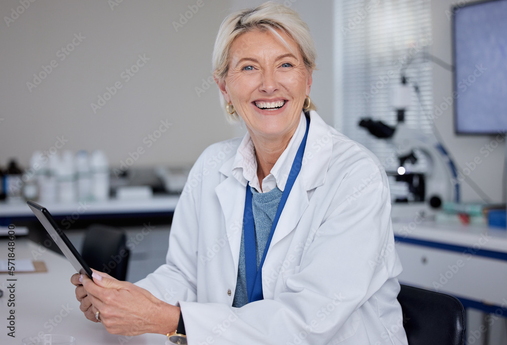 Portrait, doctor and senior woman with tablet in laboratory for science ...