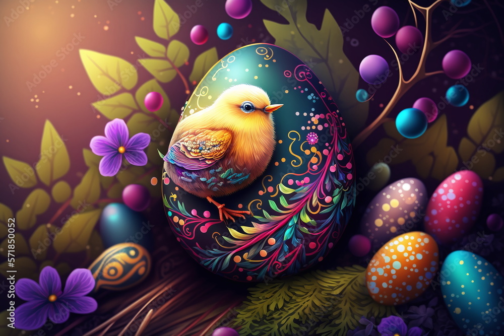 Colourful bird sitting on one big decorated easter egg among smaller ...