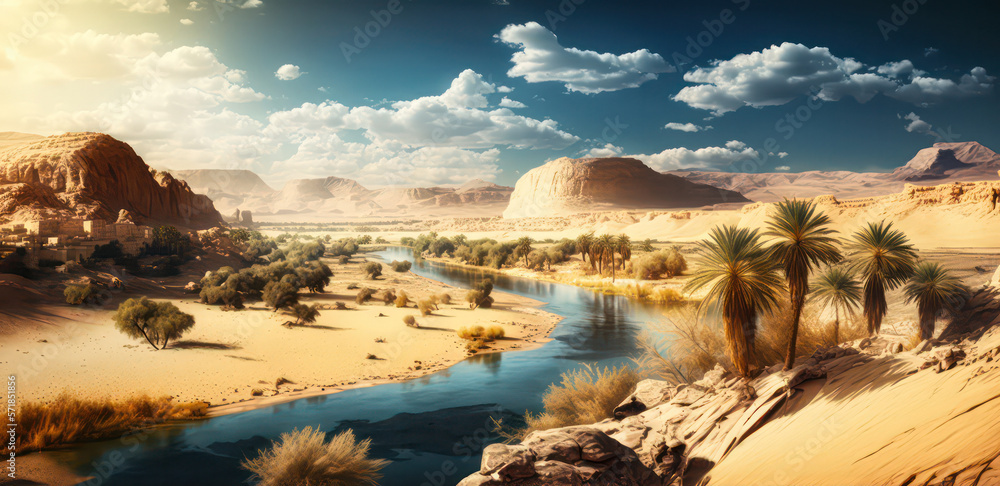 A desert landscape with a river running through it. Nile river flowing ...