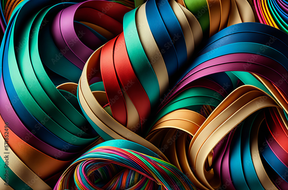Intertwined multi-colored ribbons form a harmonious texture of assorted ...