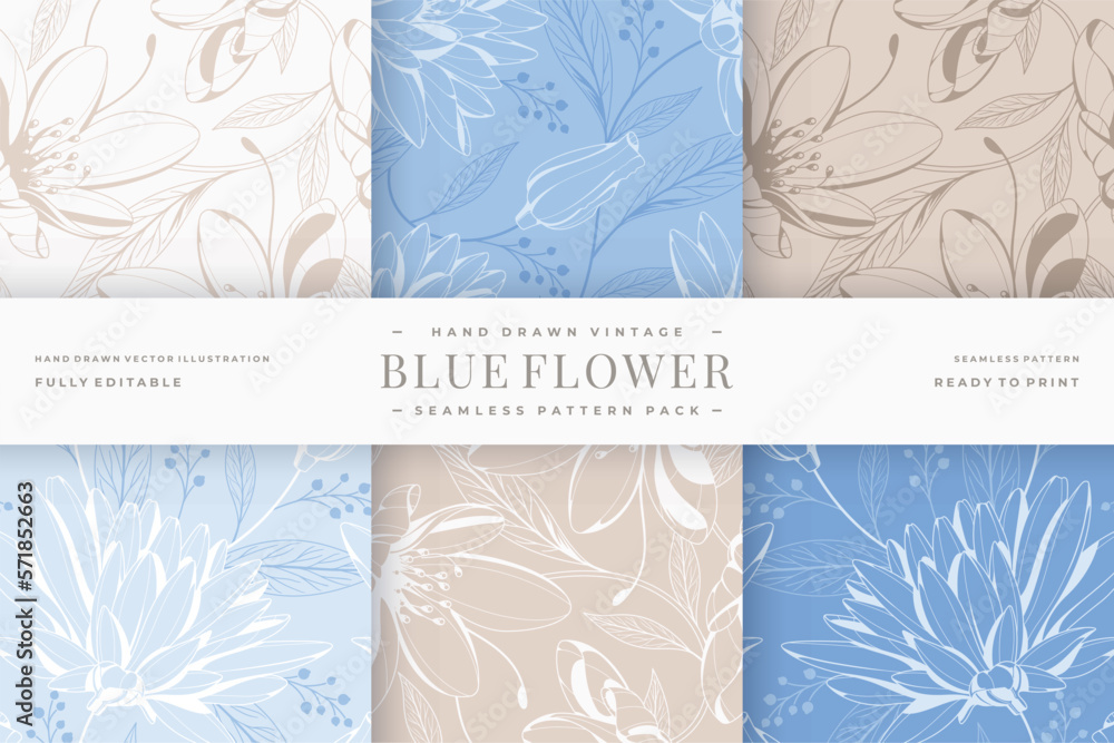 Hand Drawn Blue Flower Seamless Pattern Pack Stock Vector Adobe Stock