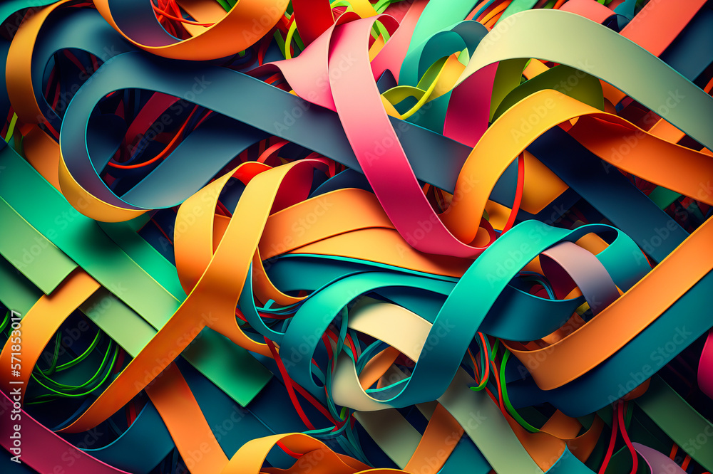 Interwoven rainbow ribbons create a harmonious visual texture of ...