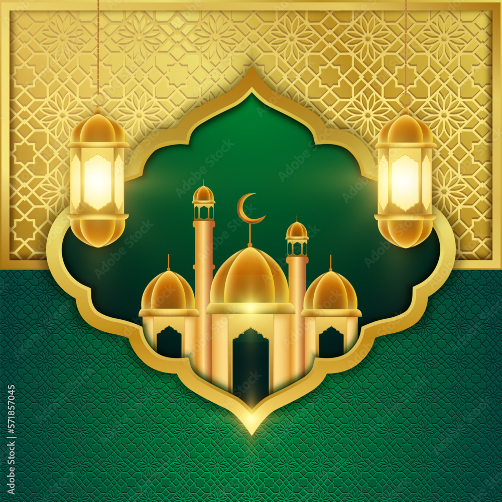 islamic background greeting golden pattern with lantern and mosque ...