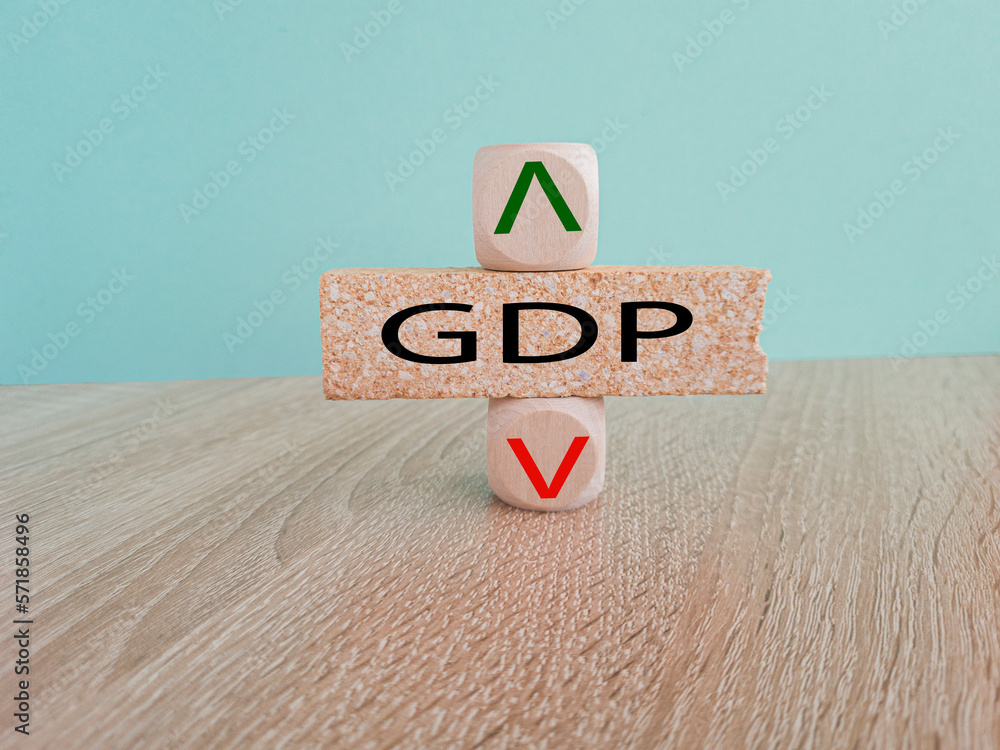 Fotografia do Stock: GDP gross domestic product symbol. A cube with up icon. Brick block with ...