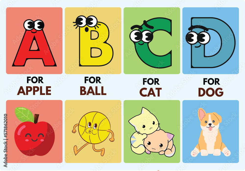 Vettoriale Stock Illustrated Alphabet flashcards, Kids learning ...
